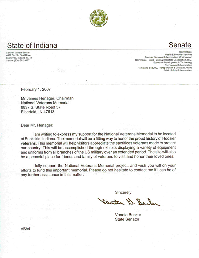 Support Letters - Veterans Memorial of America | Buckskin, Indiana